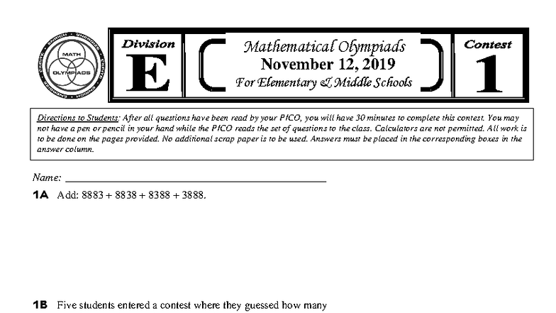 Mathematical Olympiads (MOEMS) Division E Practice Packet 2019-2020 ...