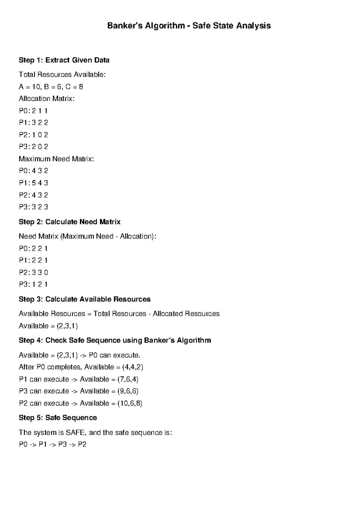 Bankers Algorithm Solution - Banker's Algorithm - Safe State Analysis Step 1: Extract Given Data ...