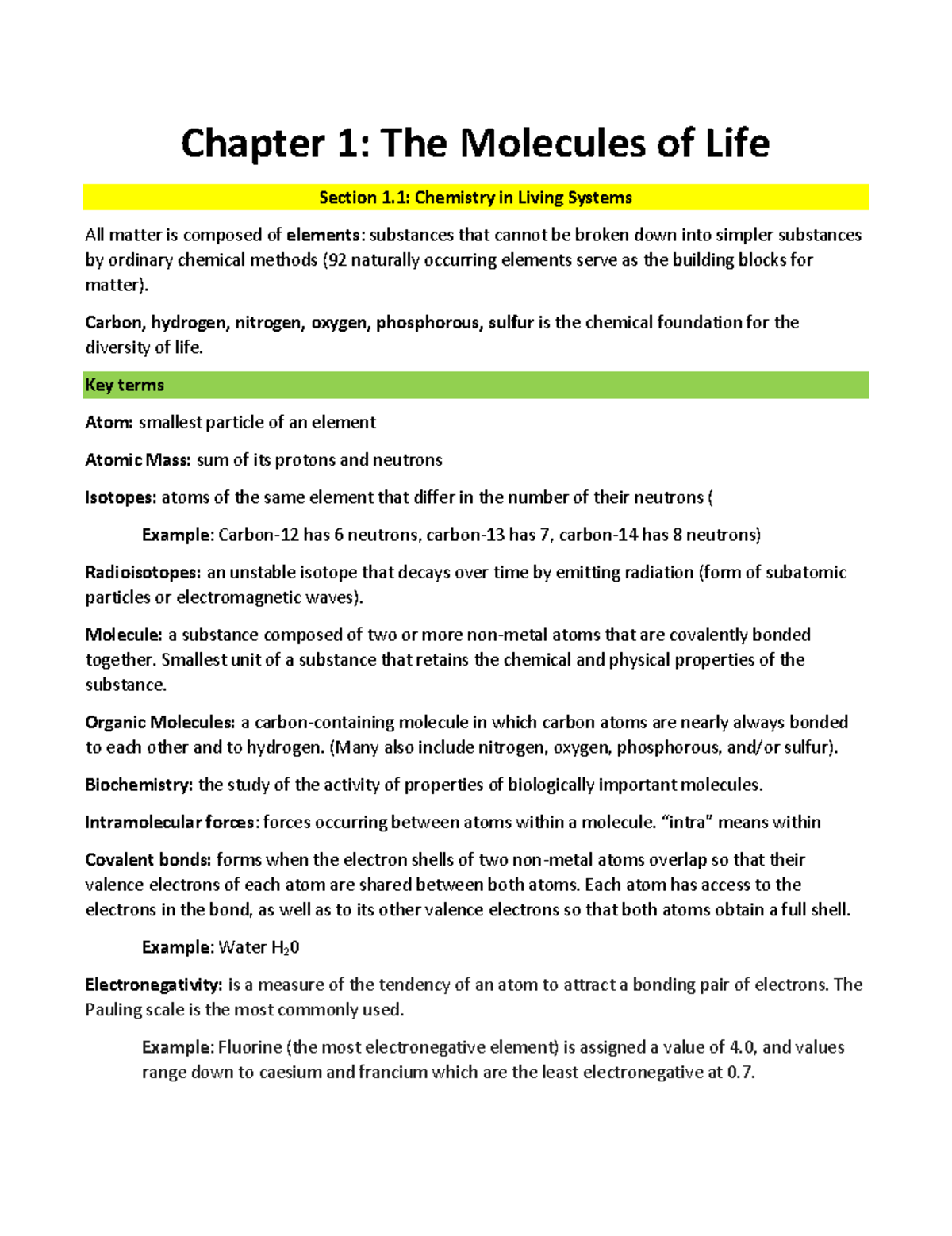 Unit 1 Summary: Key Concepts in Molecules of Life and Reactions - Studocu