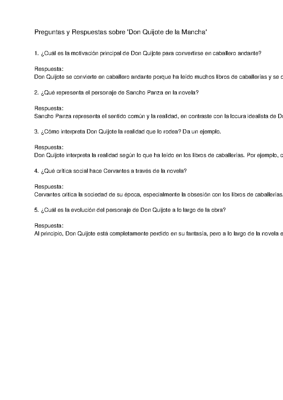 Preguntas y Respuestas del Examen sobre Don Quijote - Studocu
