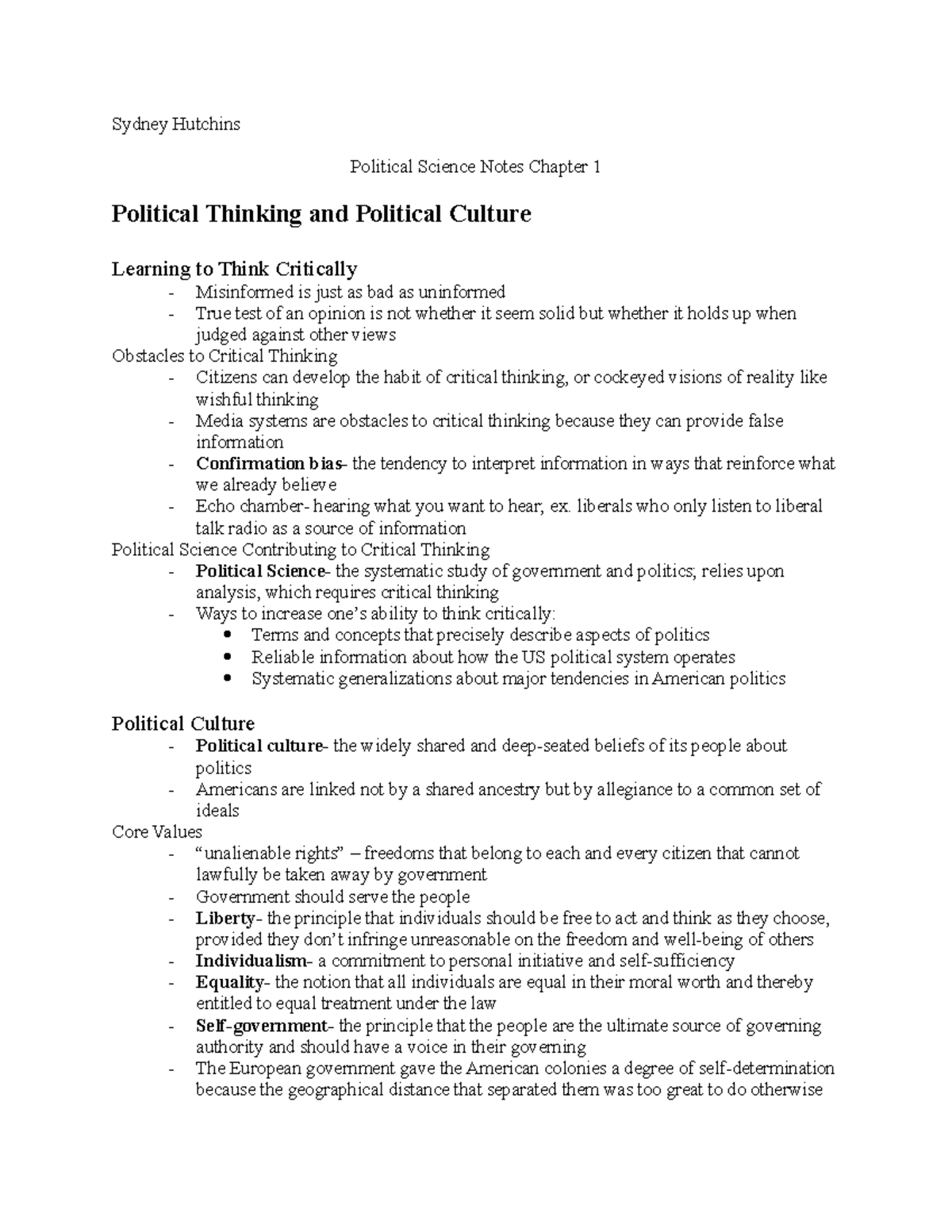 POSI 101: Lecture Notes on Political Thinking & Culture - Ch 1 - Studocu