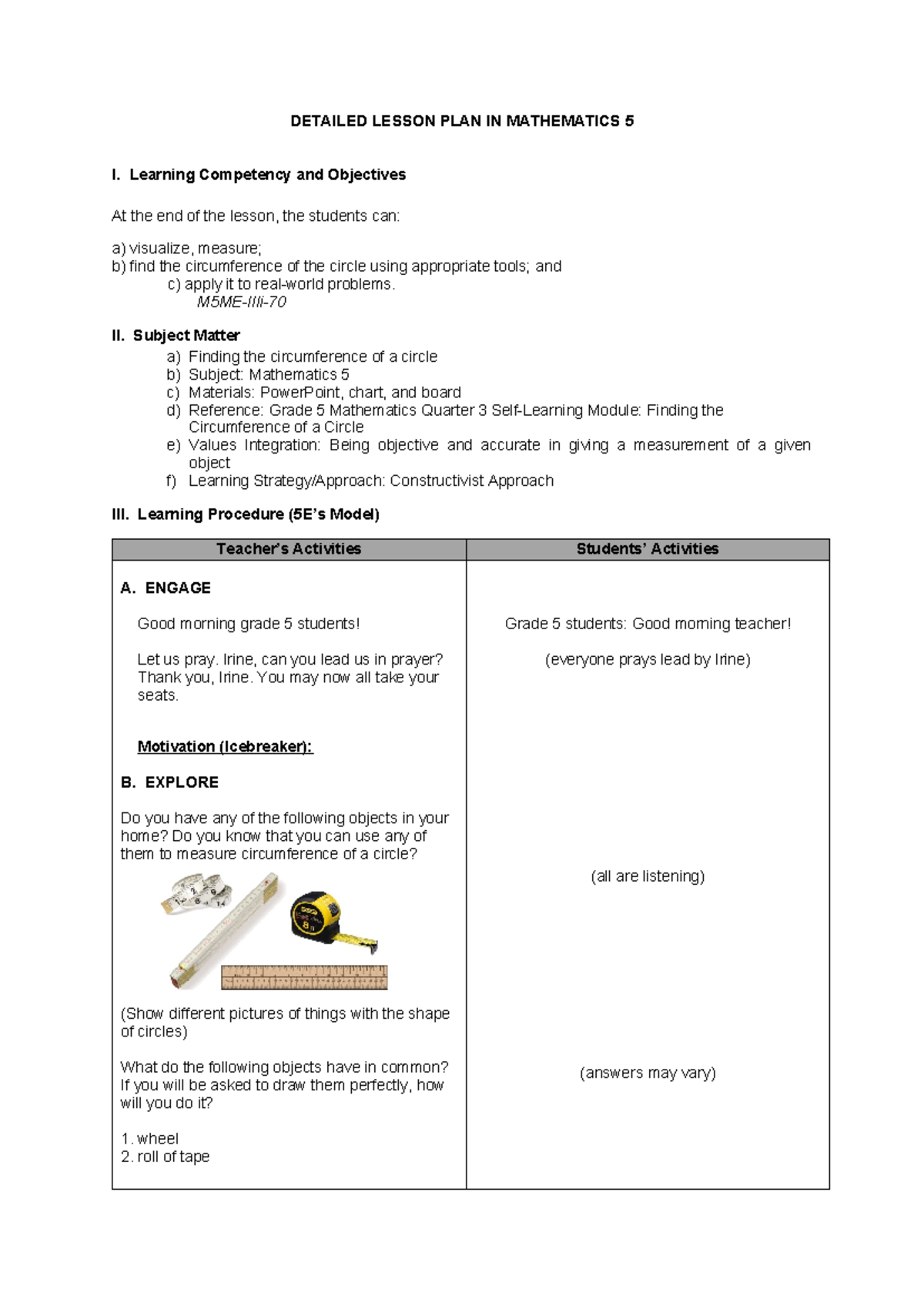 G5-Math 5 Detailed Lesson Plan: Finding Circumference (Wk 8) - Studocu