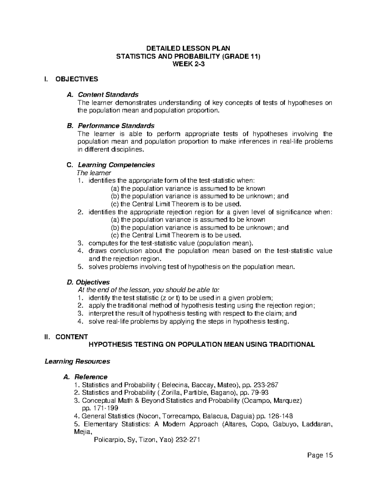 615939361-Q4-Week-2-Lesson-Plan-on-Hypothesis-Testing-Stats - Studocu