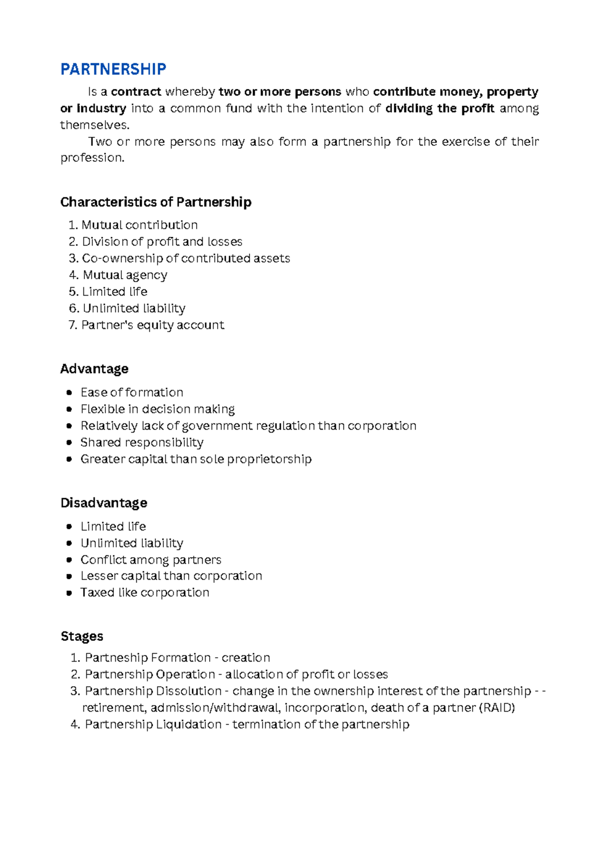 Partnerships: Characteristics, Types, and Key Concepts (LAW 101) - Studocu