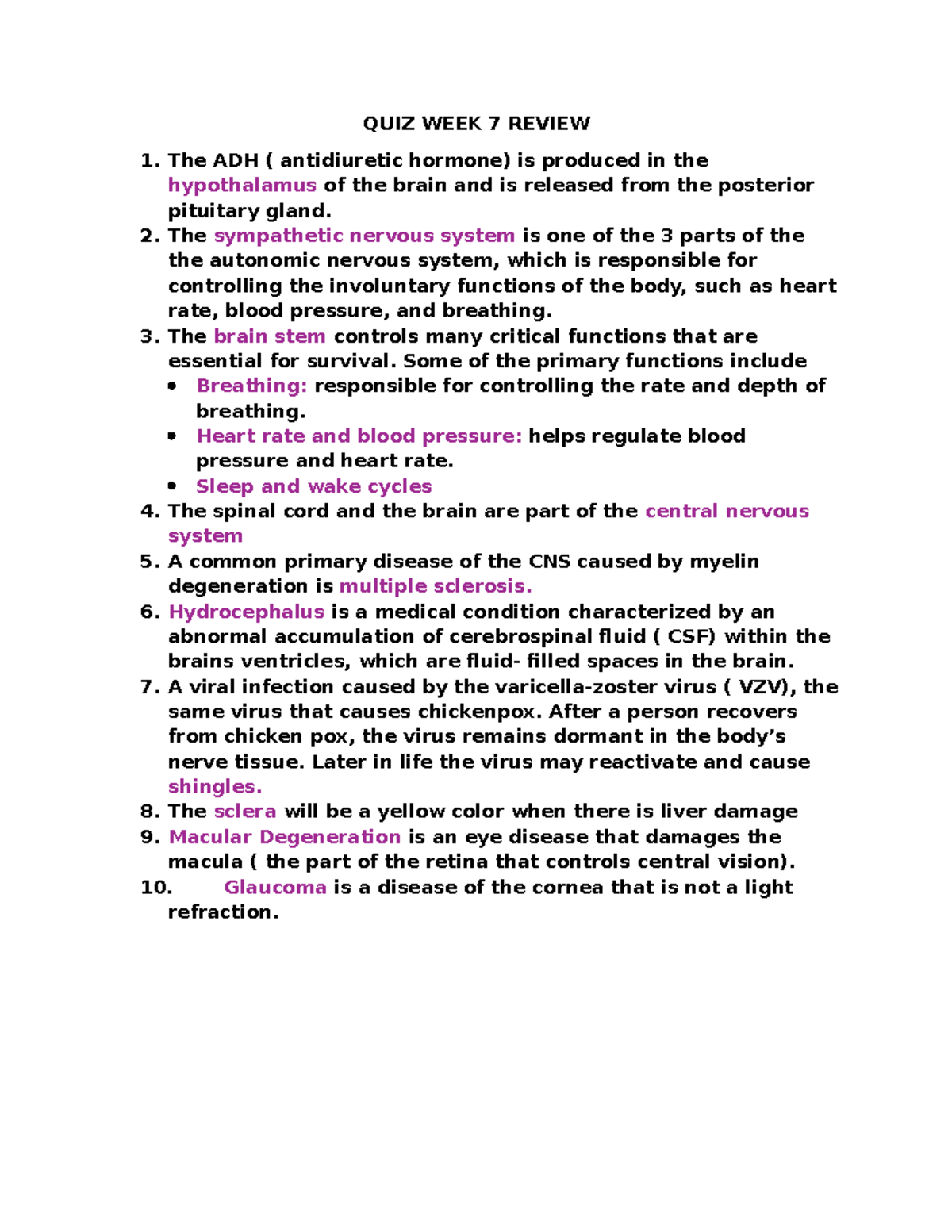 A&P 7 Quiz Review: Key Concepts & CNS Functions - Studocu