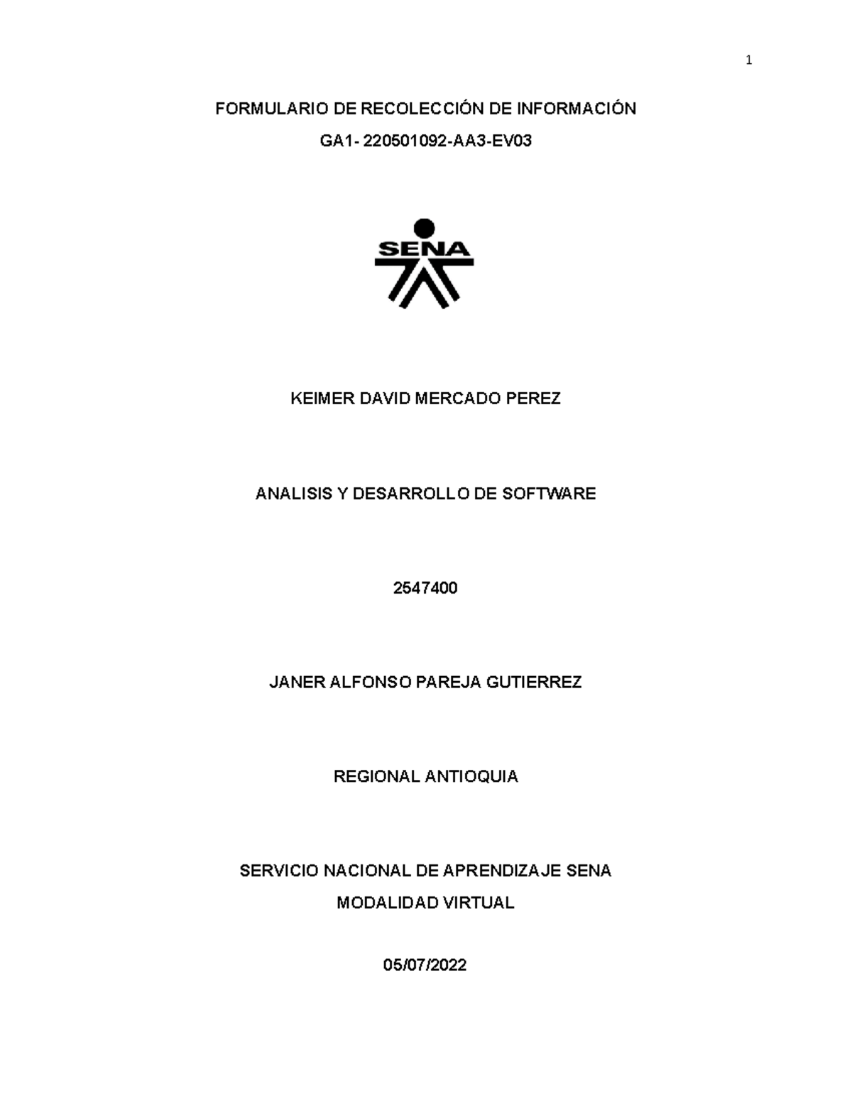 Formulario DE Recolección DE Información GA1- 220501092-AA3-EV03 ...