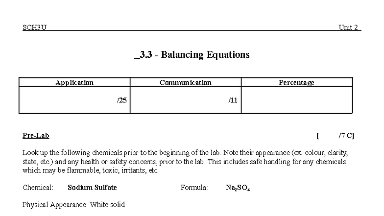 SCH3U Unit 2 Lab: Balancing Chemical Equations & Safety Guidelines ...