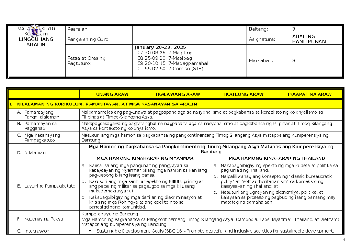 AP7 Q3 Week 6 - Matatag Lesson Plan for Araling Panlipunan - Studocu