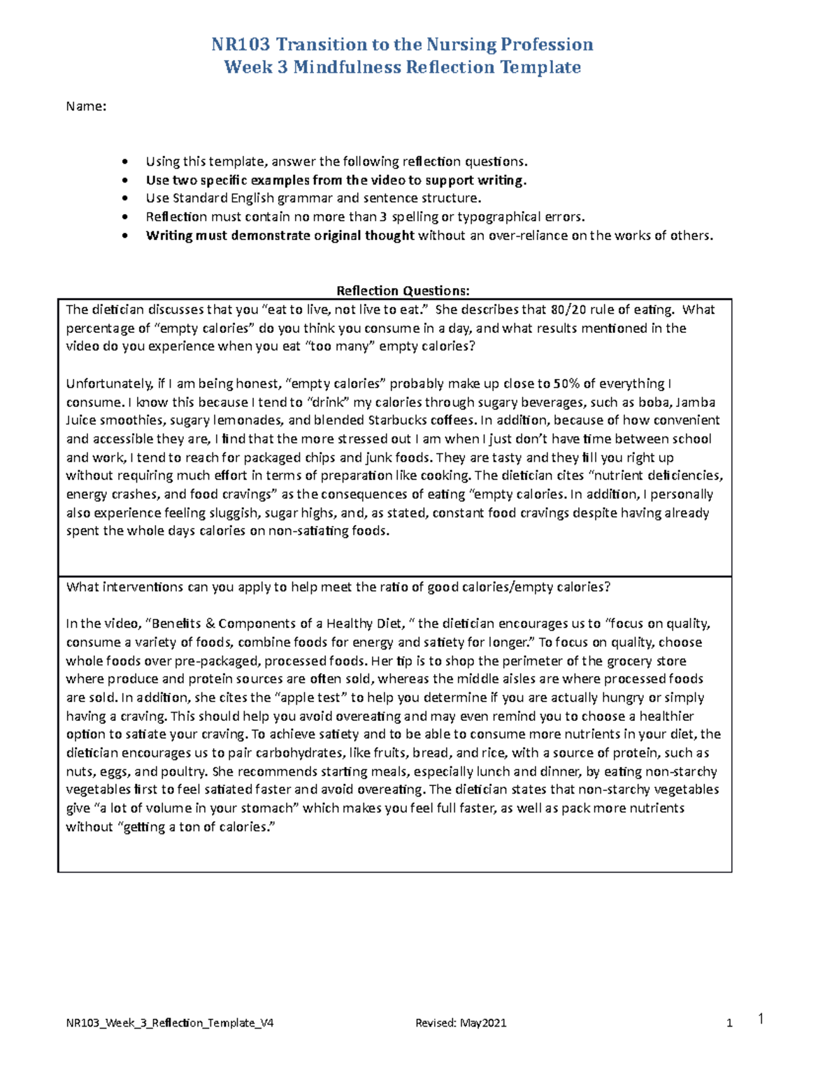 NR103 Week 3 Mindfulness Reflection on Dietary Habits and Choices - Studocu