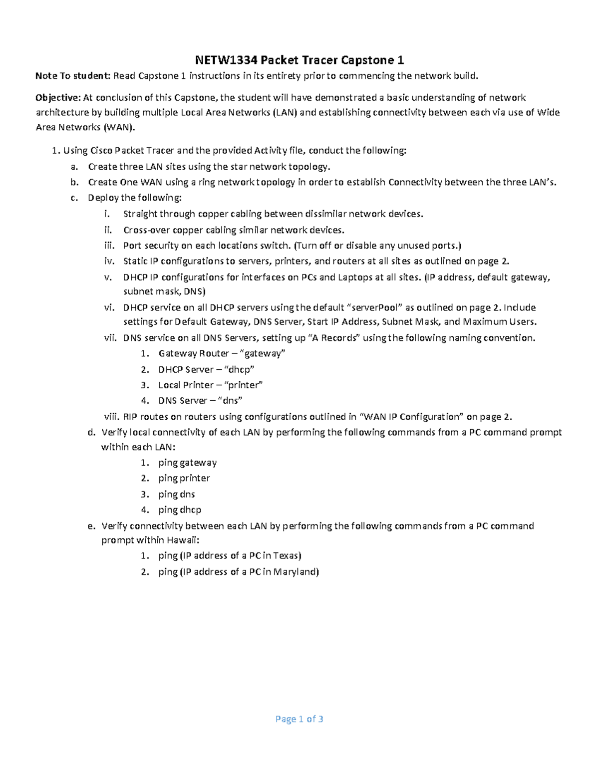 NETW1334 Capstone 1 - Individual Coursework Assignment Brief - Studocu