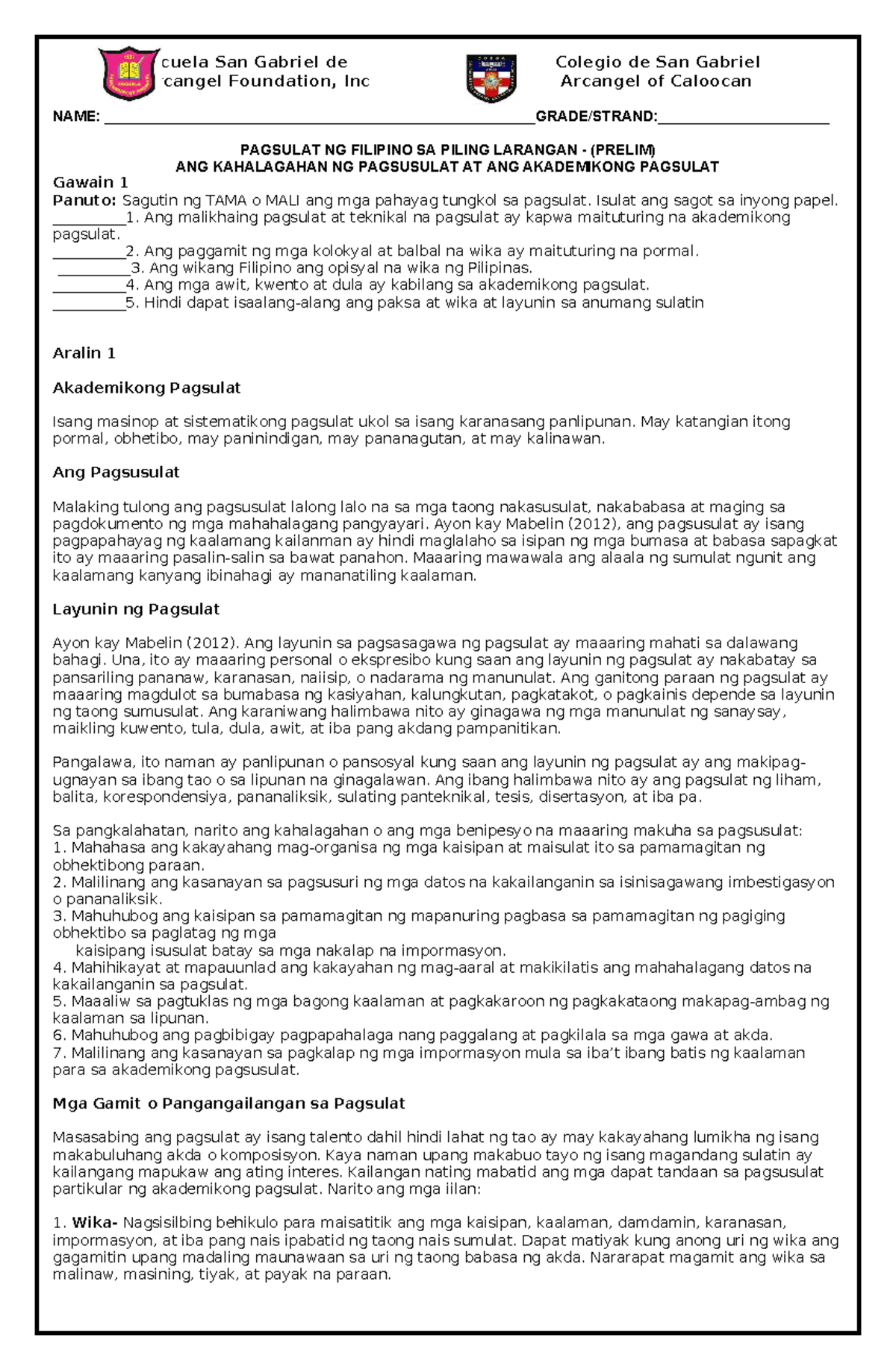 PAGSULAT NG FILIPINO - PRELIM EXAM NOTES (GRADES 11-12) - Studocu
