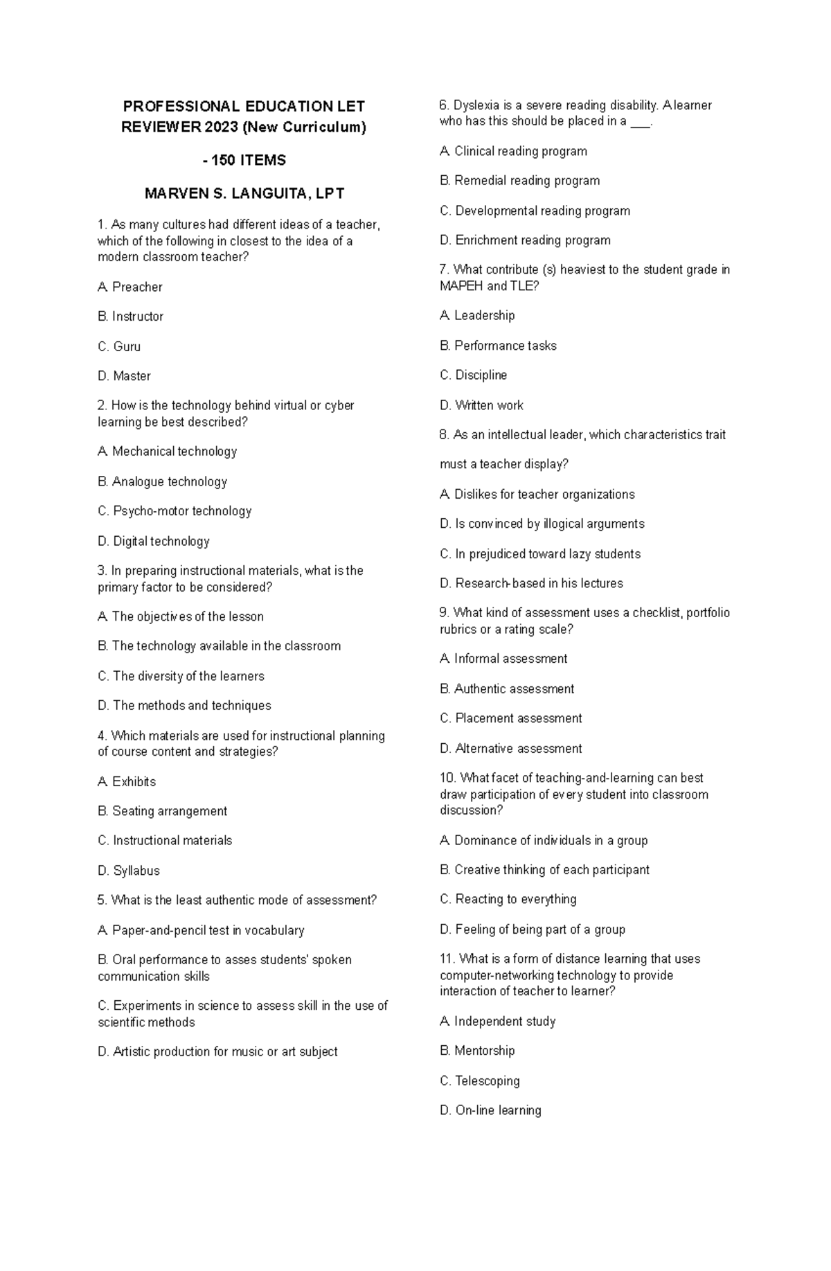 PROF ED 2023 Reviewer: Comprehensive Guide for New Curriculum (150 ...