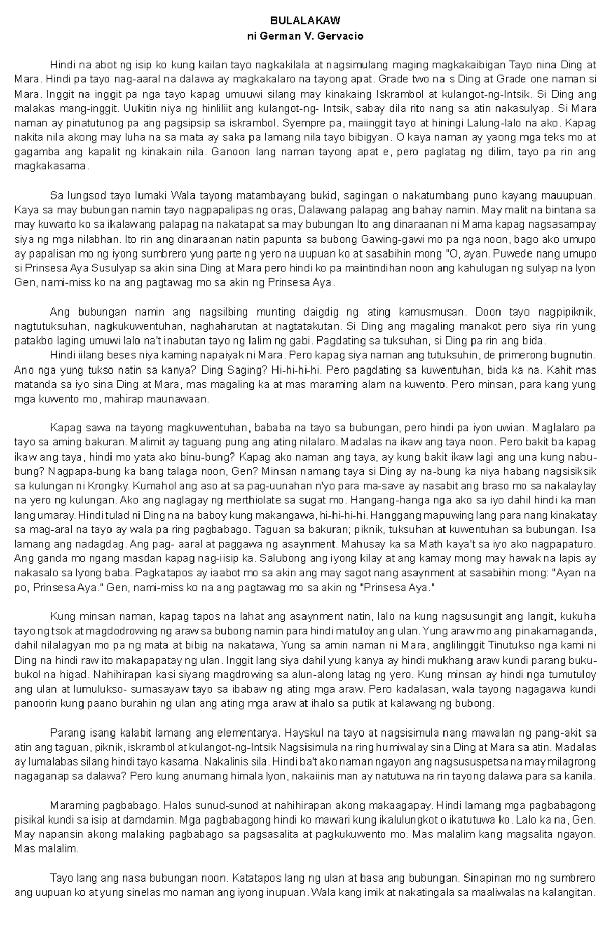 BULALAKAW: Isang Pagbabalik-Tanaw sa Aming Kamusmusan - Studocu