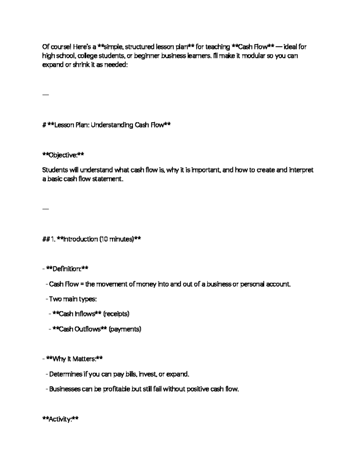 Cash Flow Lesson Plan For High School College Students Bus 101