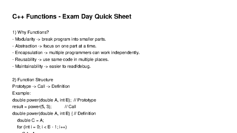 Cpp Functions Exam Day Cheat Sheet: Key Concepts & Rules - Studocu