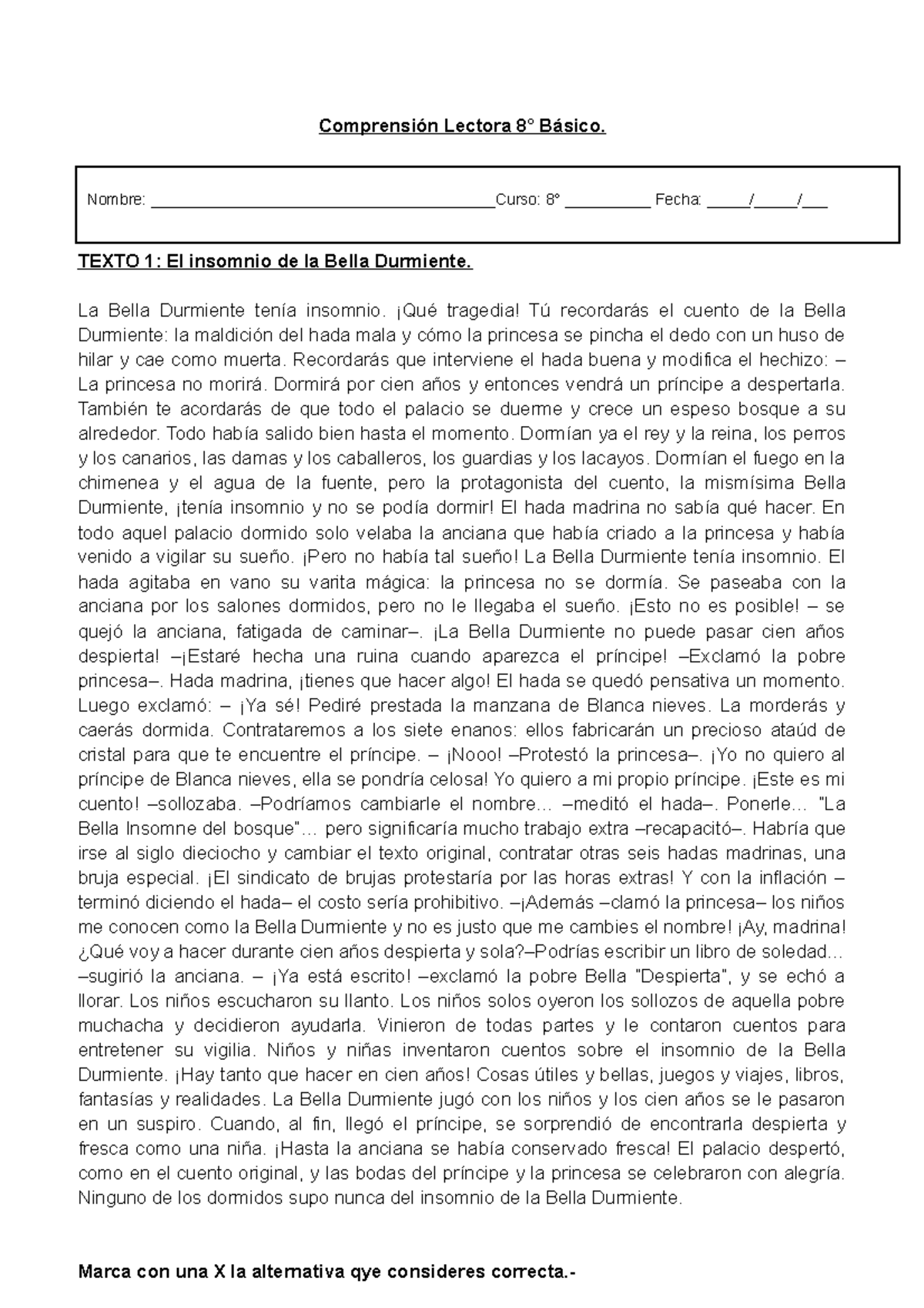 Comprensión Lectora 8°: El Insomnio de la Bella Durmiente - Studocu