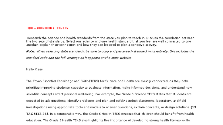ESL 570 Topic 1 DQ 1: Correlation of Science & Health Standards - Studocu