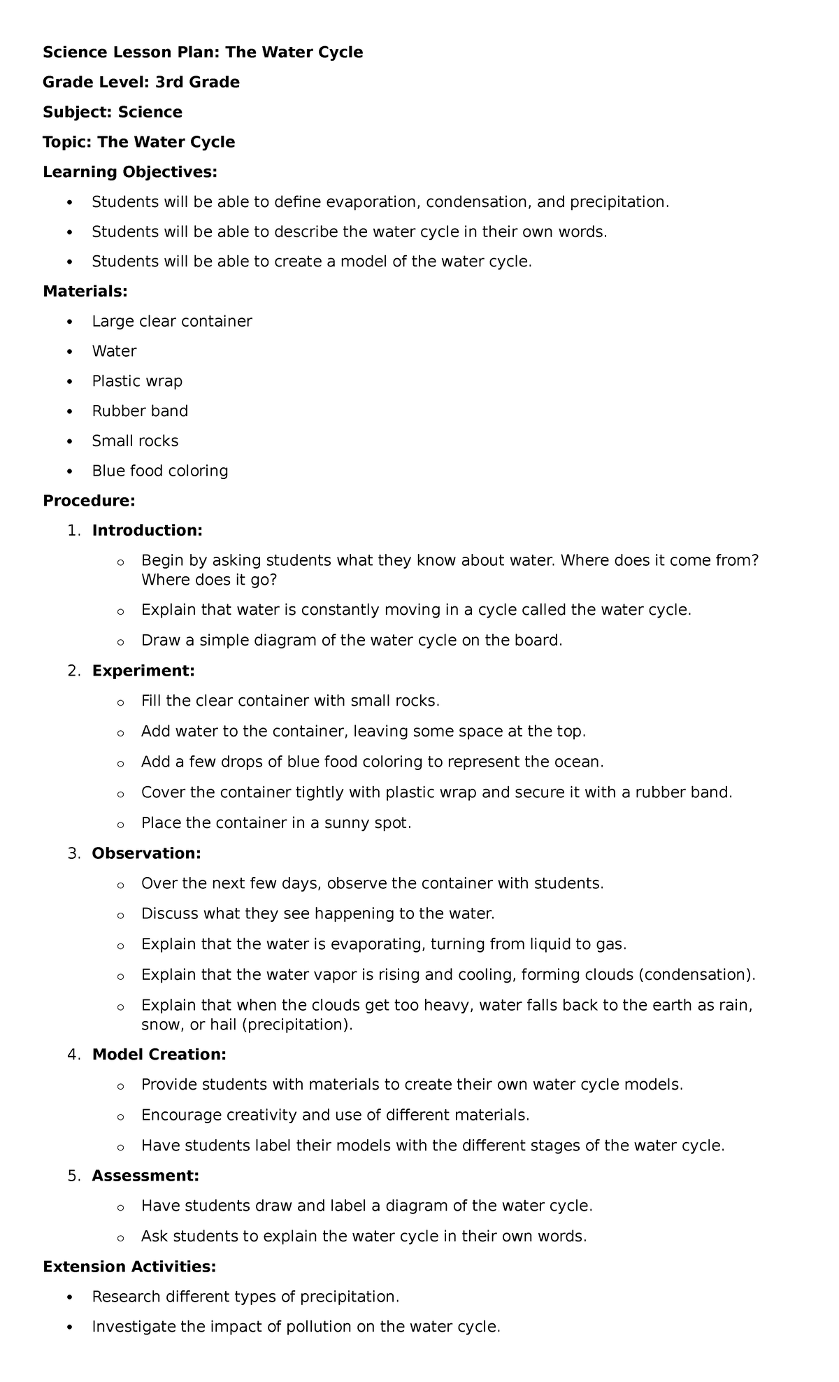 3rd Grade Science Lesson Plan: Understanding the Water Cycle - Studocu
