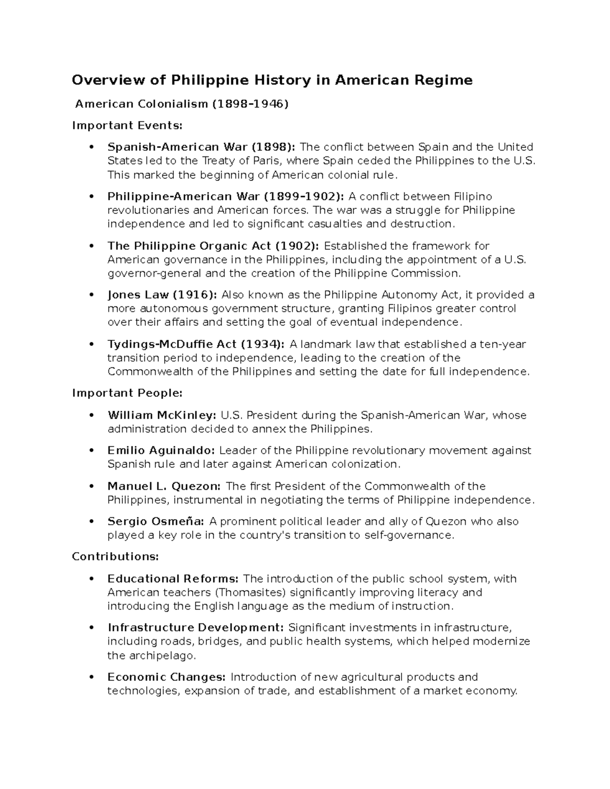 Overview of Philippine History During the American Era (1898-1946 ...