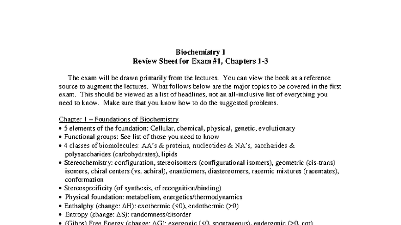 Biochem I Exam 1 Review Sheet: Chapters 1-3 Overview 2024 - Studocu