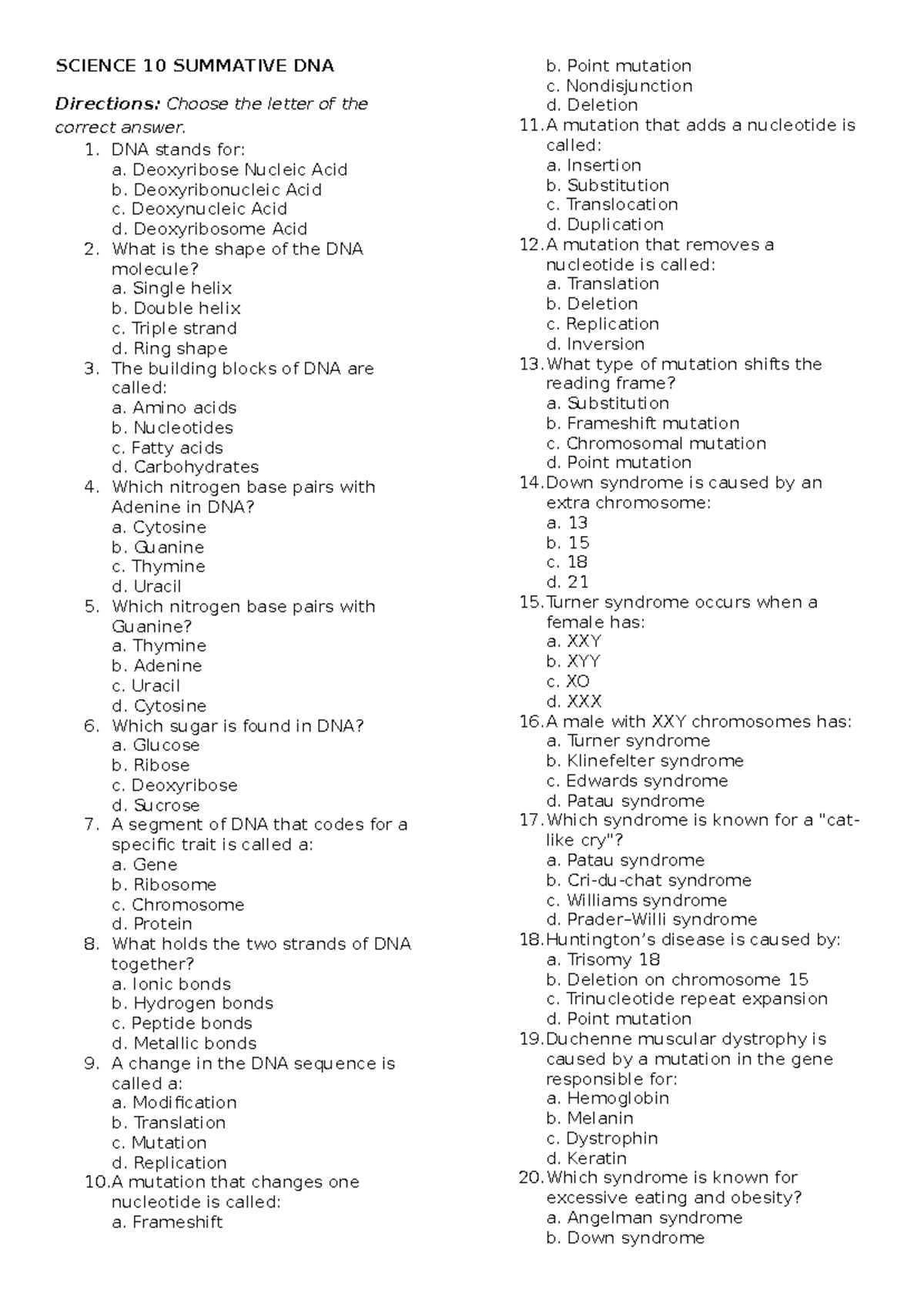 SCIENCE 10 SUMMATIVE: DNA Quiz Questions and Answers - Studocu