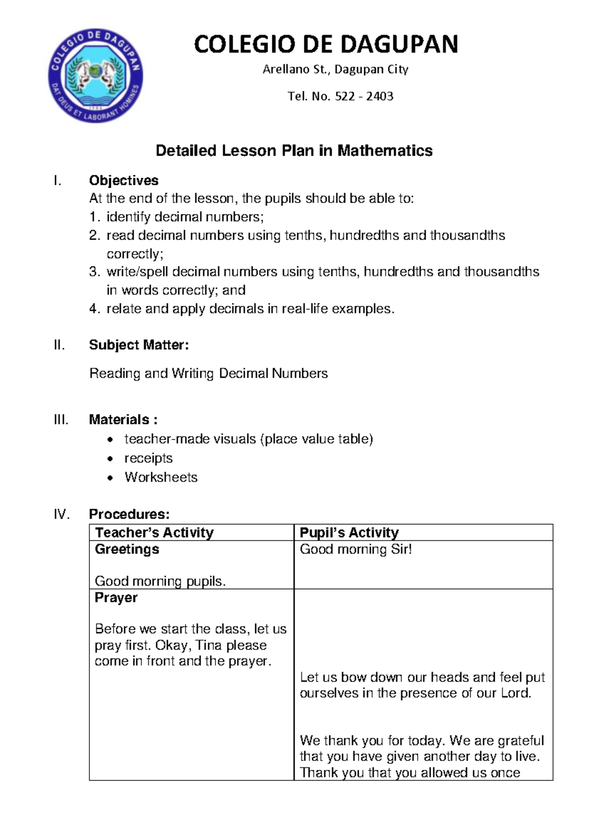 Detailed Lesson Plan: Reading and Writing Decimal Numbers - Studocu