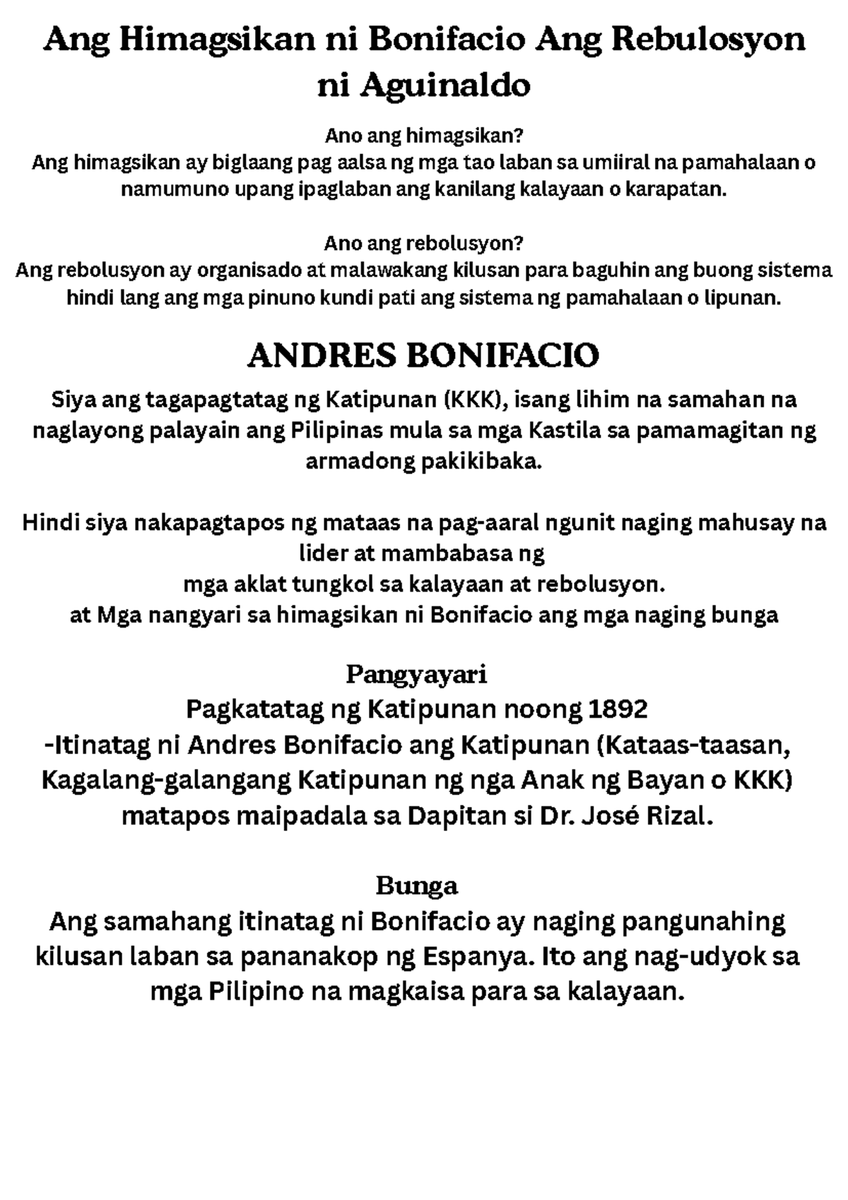 Himagsikan at Rebolusyon: Ang Kwento ni Bonifacio at Aguinaldo - Studocu