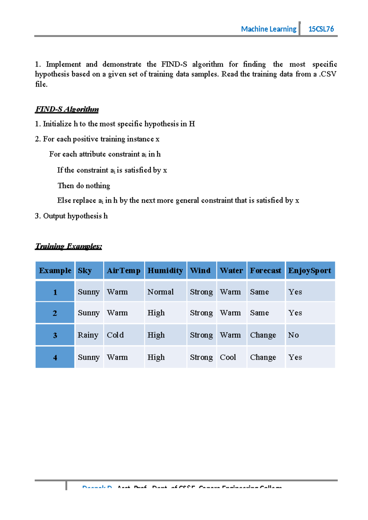 Machine Learning Lab Program 1: Most Specific Hypothesis 15CSL76 - Studocu