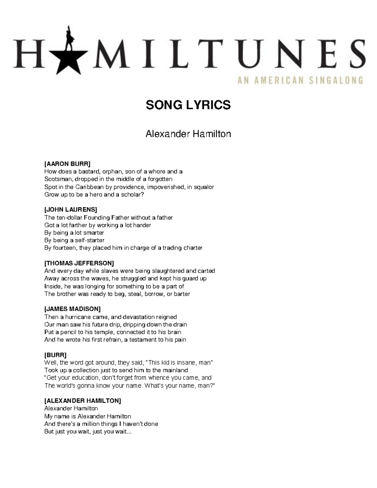 Hamilton Lyrics Analysis: A Closer Look at the Musical's Themes - Studocu