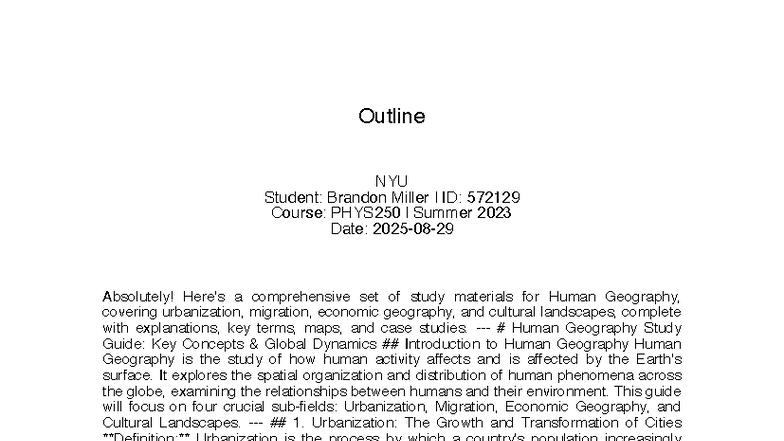 PHYS250 Summer 2023: Human Geography Study Guide & Key Concepts - Studocu