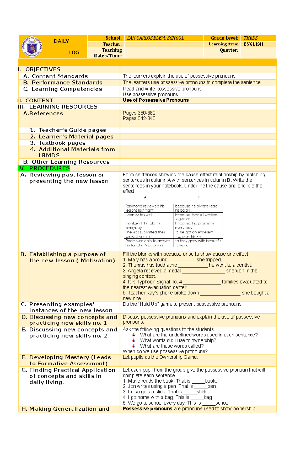 English-3-COT - COT - DAILY LESSON LOG School: SAN CARLOS ELEM. SCHOOL ...