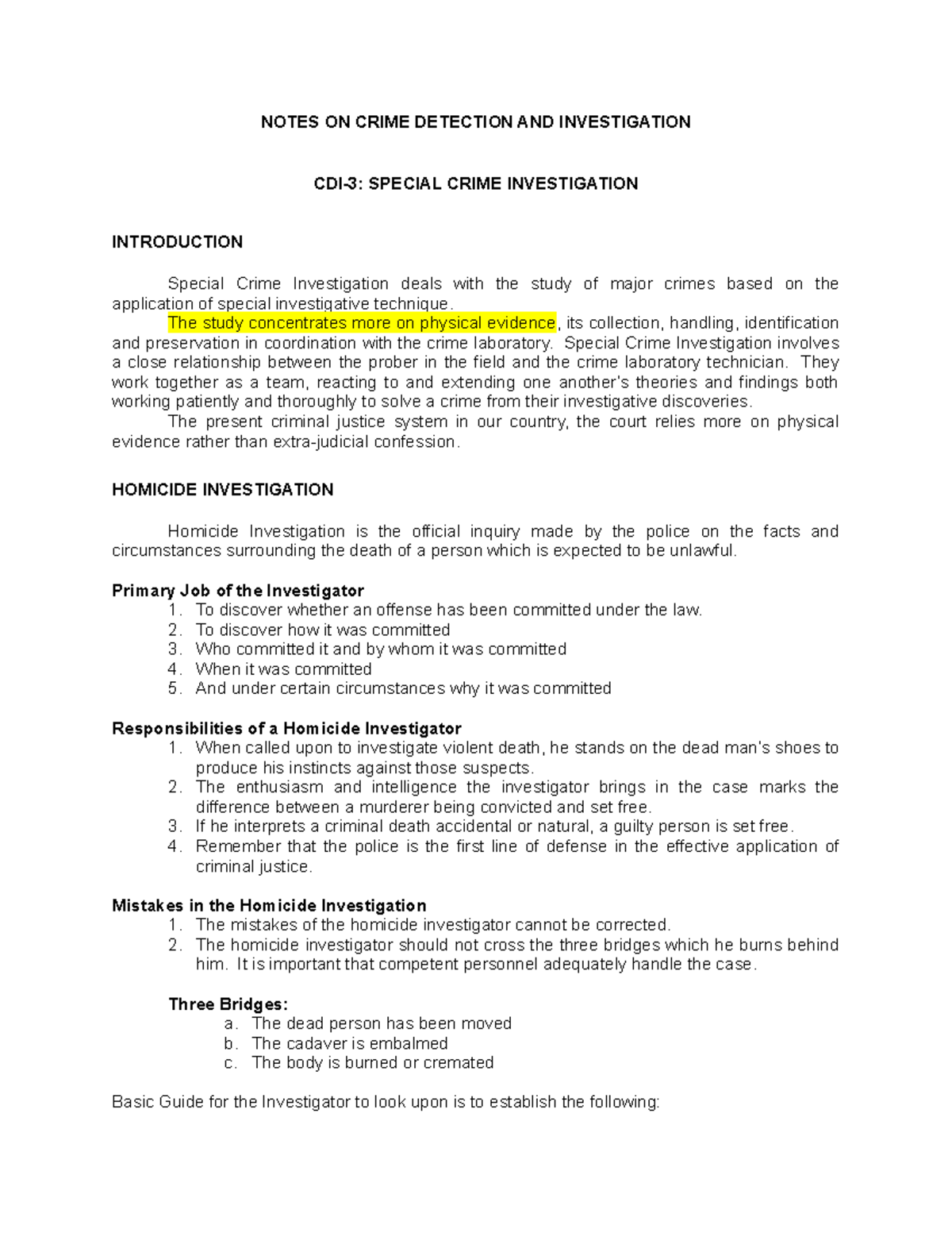 (CDI 3) Notes on Special Crime Investigation and Homicide Techniques ...