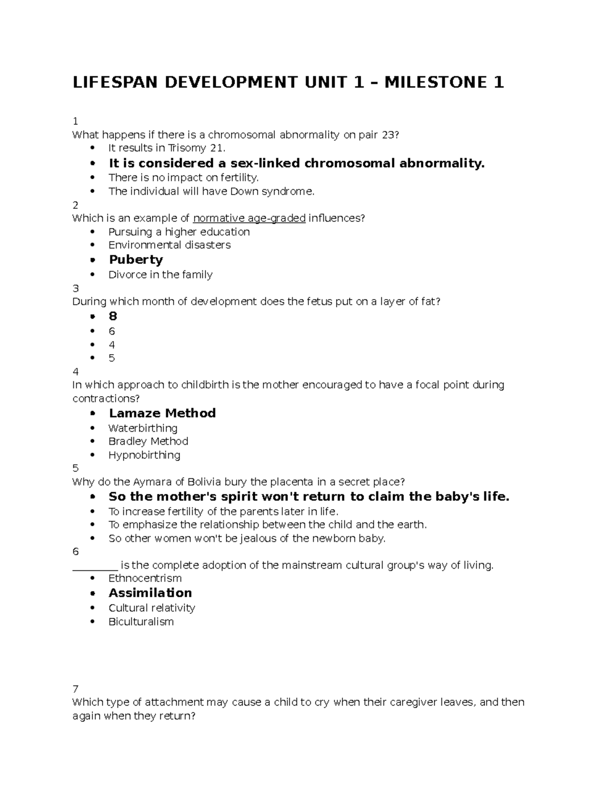 Lifespan Development UNIT 1 Milestone 1 Study Guide - Studocu