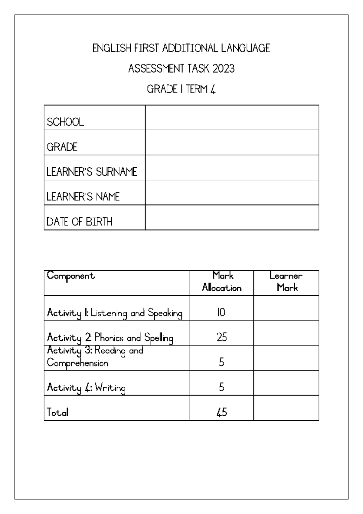 EFAL Grade 1 Term 4 Assessment Task 2023 - Studocu