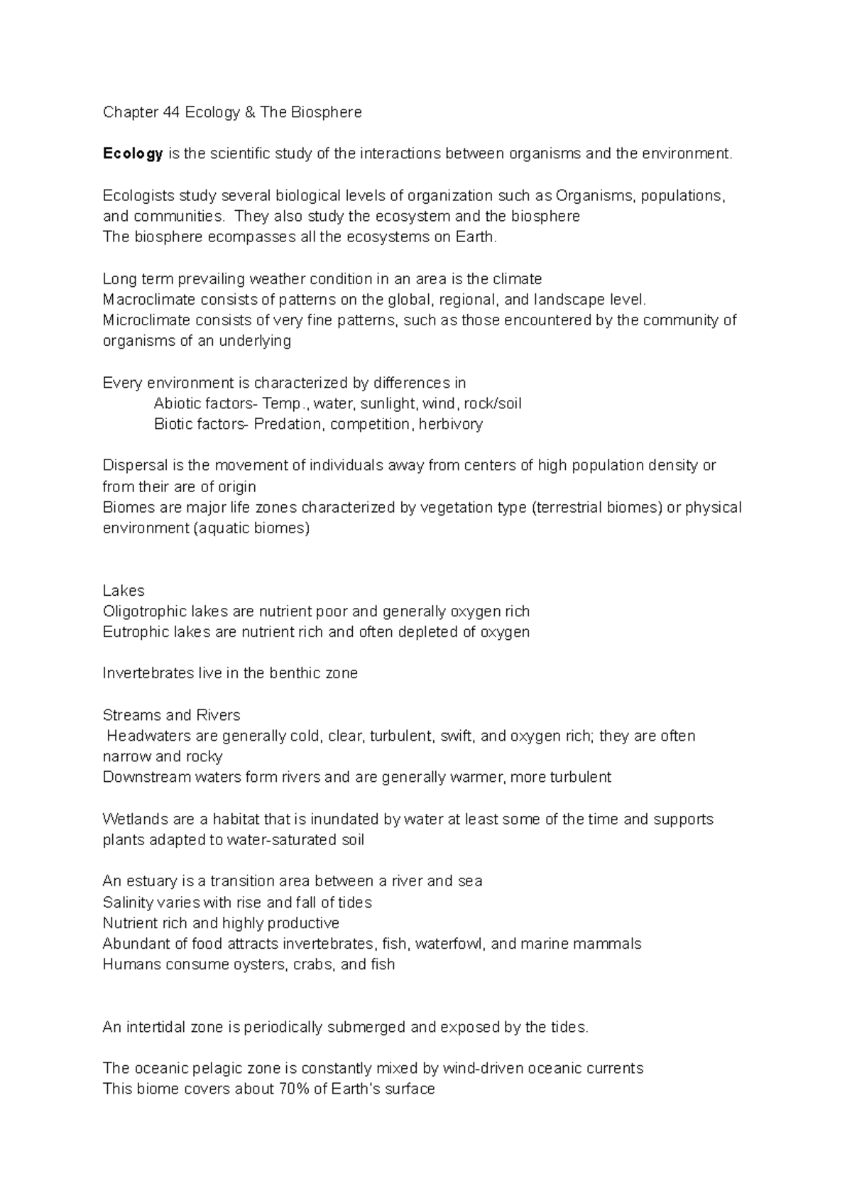 Ch. 44 Notes: Ecology & The Biosphere Overview for Study - Studocu