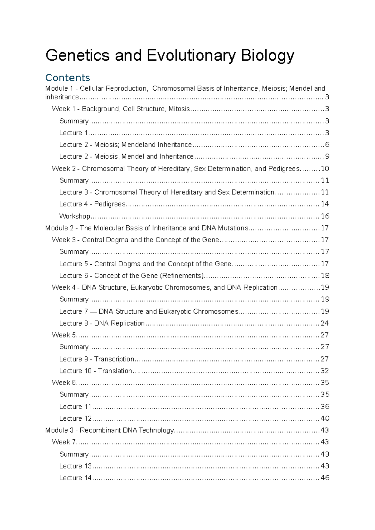 Genetics and Evolutionary Biology 2025: Comprehensive Study Notes - Studocu