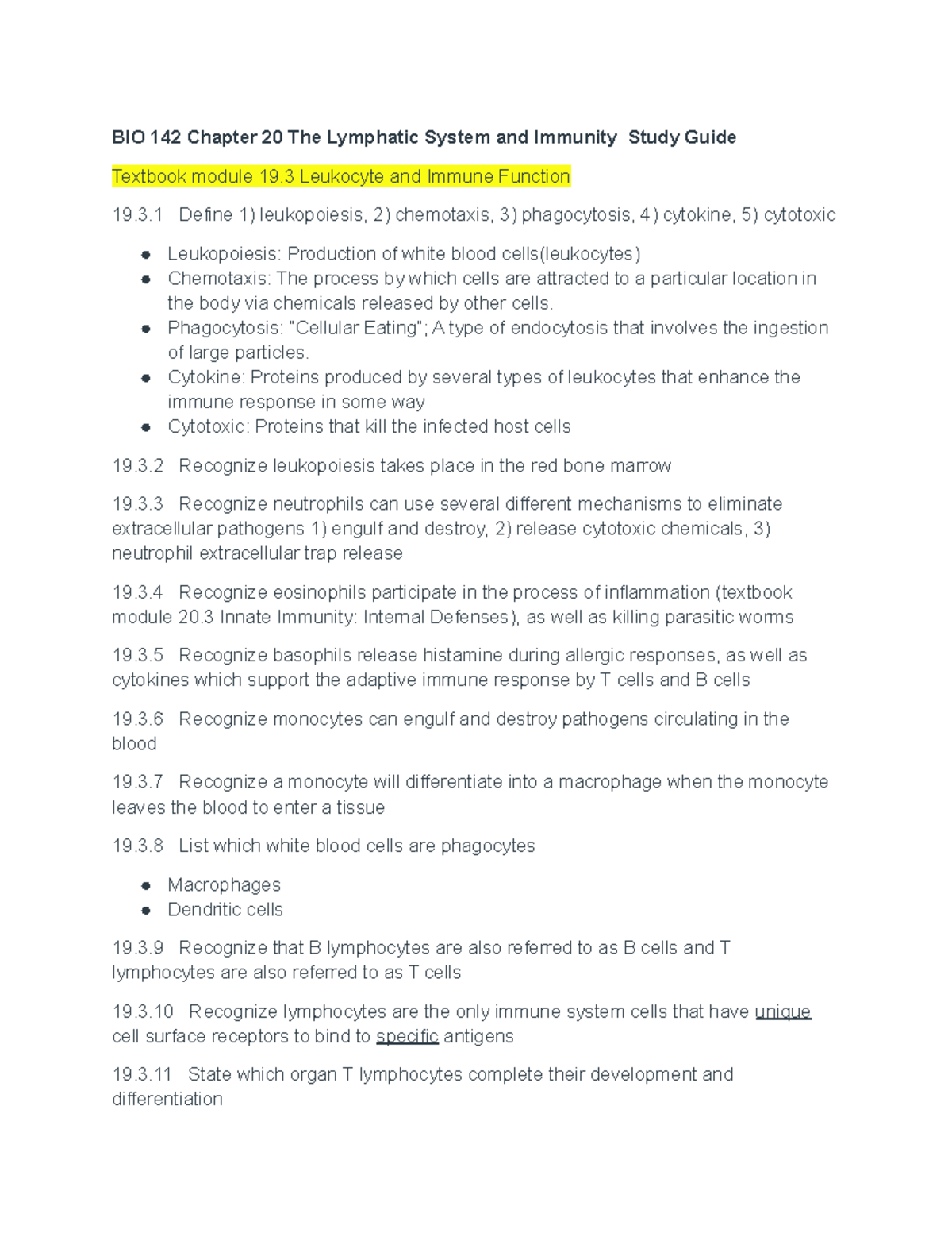 BIO 142 Chapter 20 Study Guide: The Lymphatic System & Immunity - Studocu