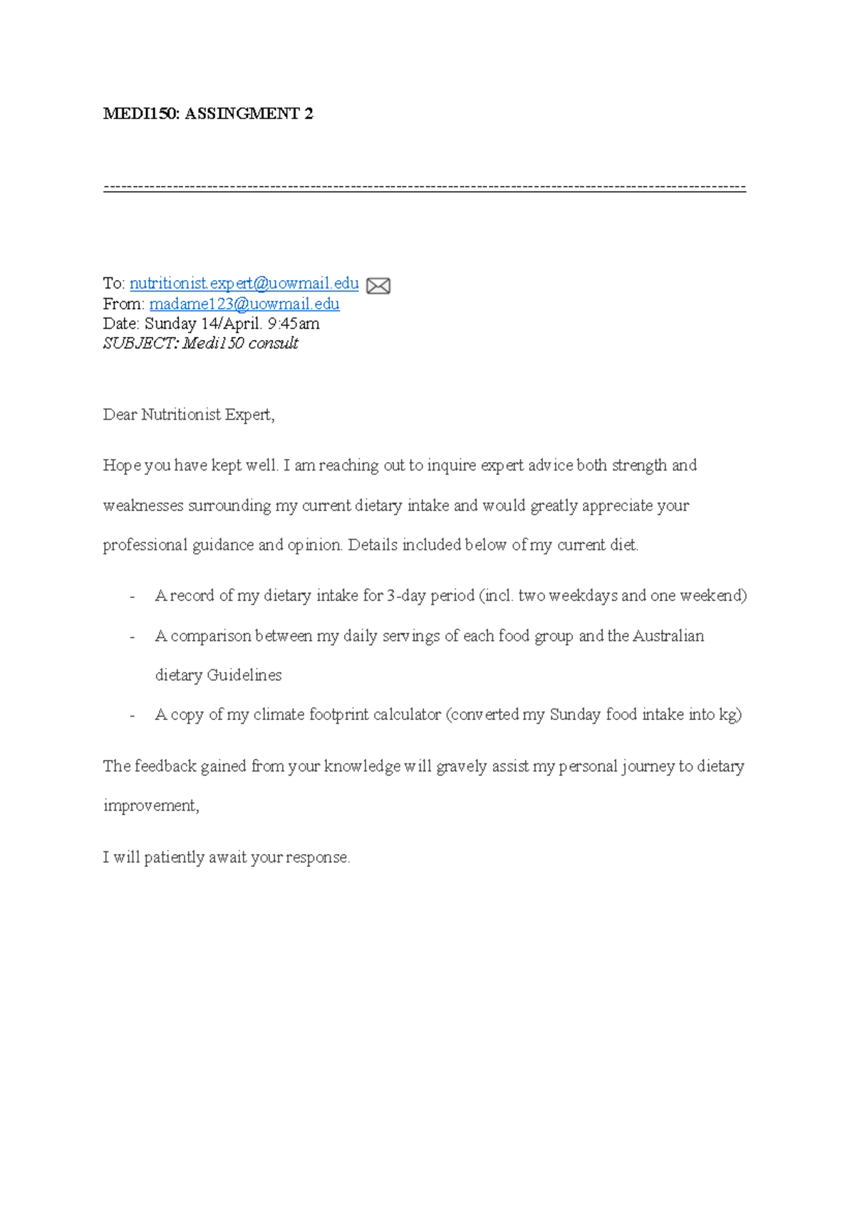 MEDI150 Assignment 2 PDF - MEDI150: ASSINGMENT 2 - To: nutritionist ...