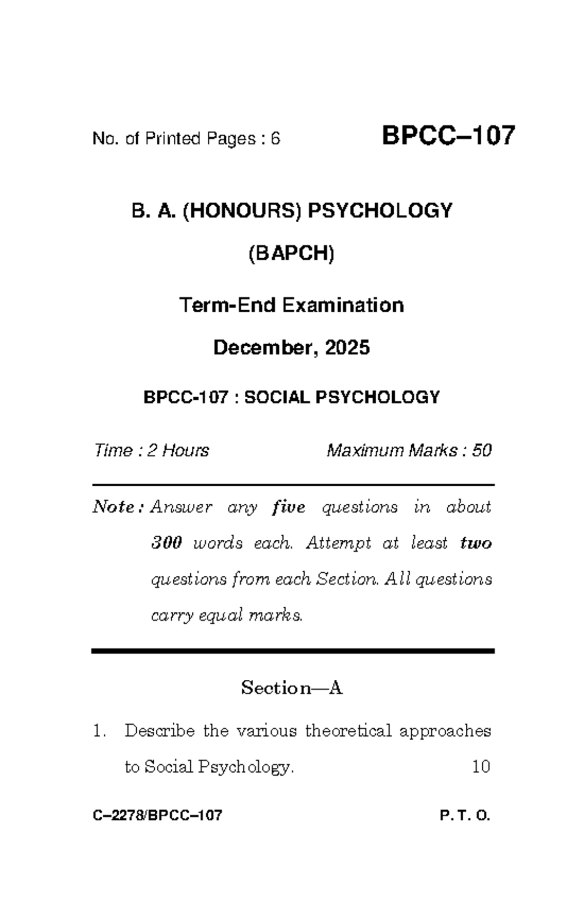 BPCC-107 - Social Psychology Exam Questions December 2025 - Studocu