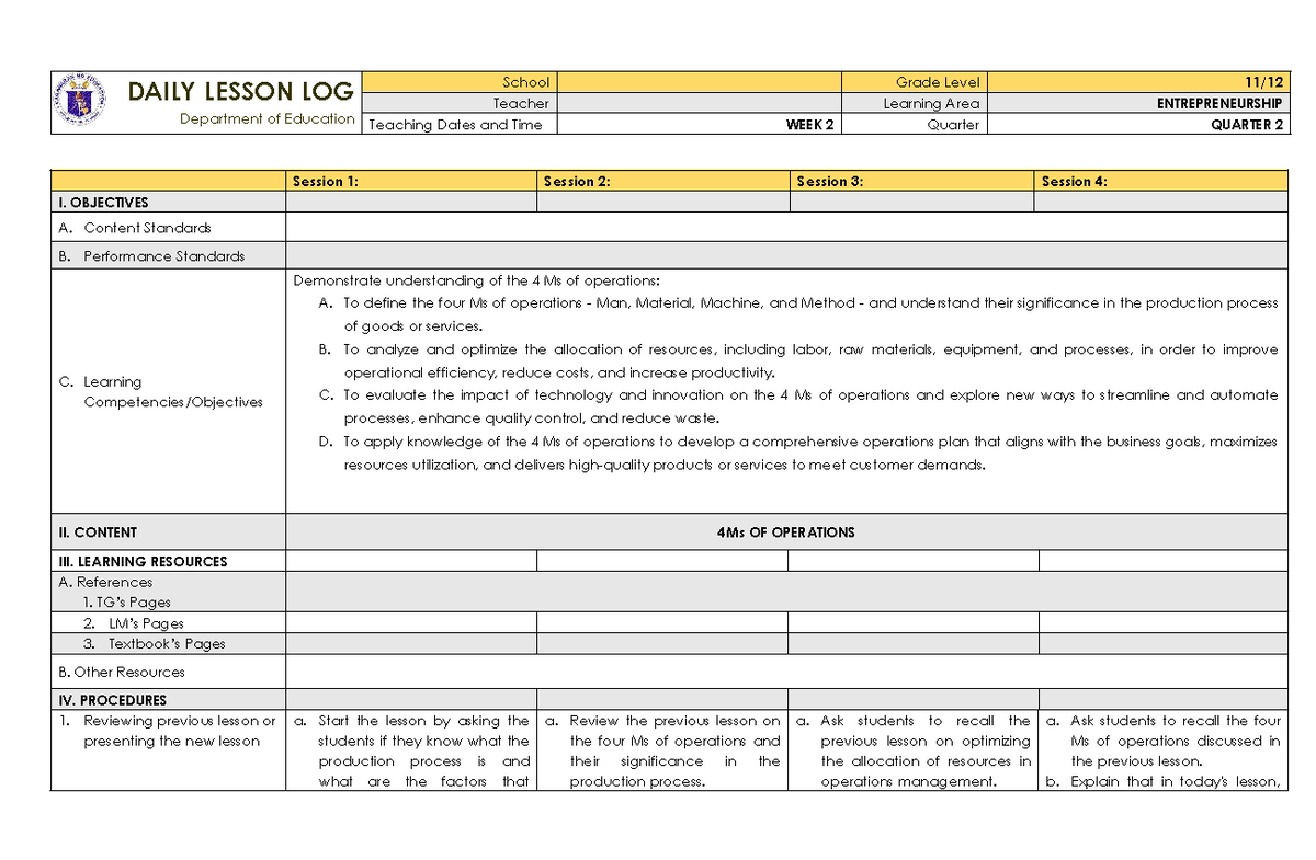 Entrep Q2 WEEK 2 - Daily Lesson Log on 4 Ms of Operations - Studocu