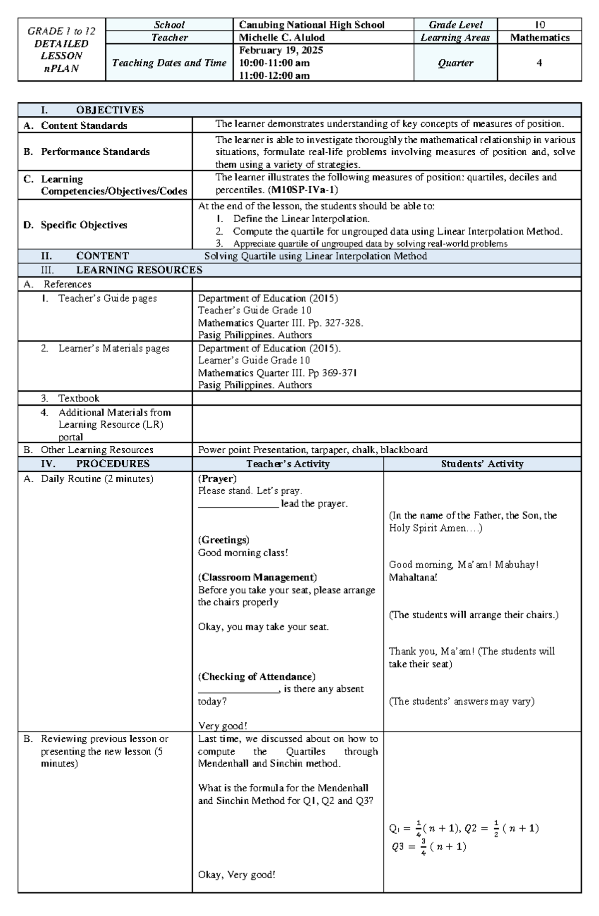 Grade 10 Mathematics Lesson Plan: Linear Interpolation (Quarter 4) - Studocu