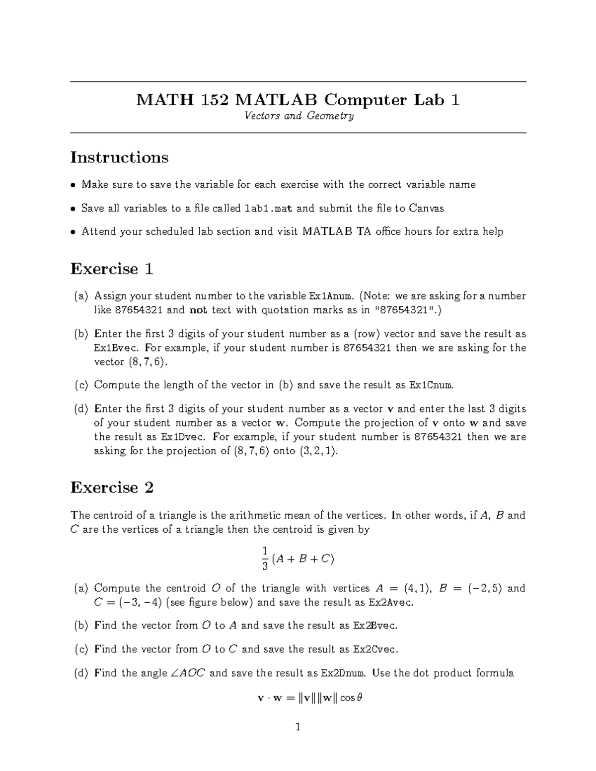 MATH 152 MATLAB Lab 1: Vectors & Geometry Exercises - Studocu
