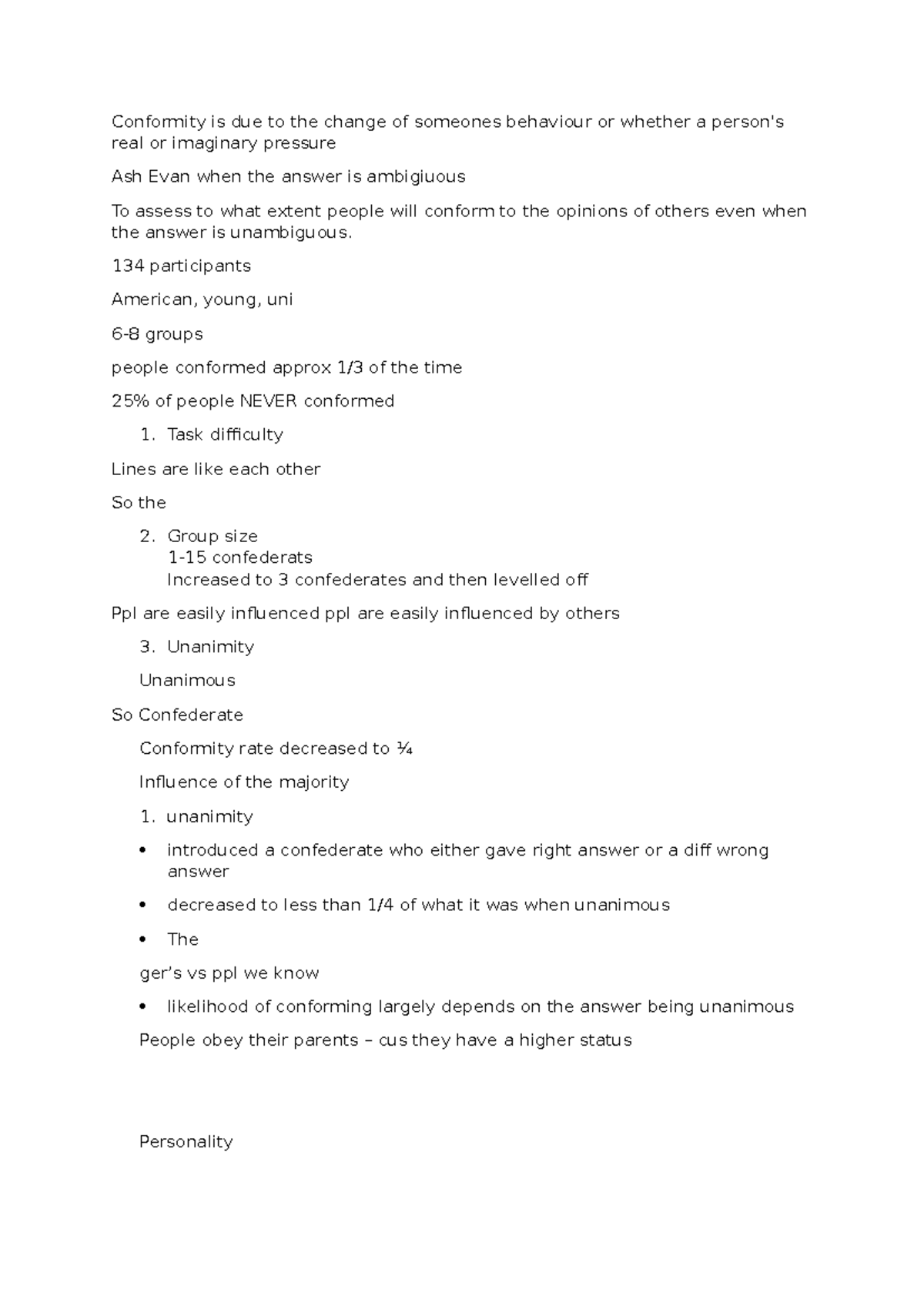 Asch Conformity Study Notes - PSY 101 - Studocu