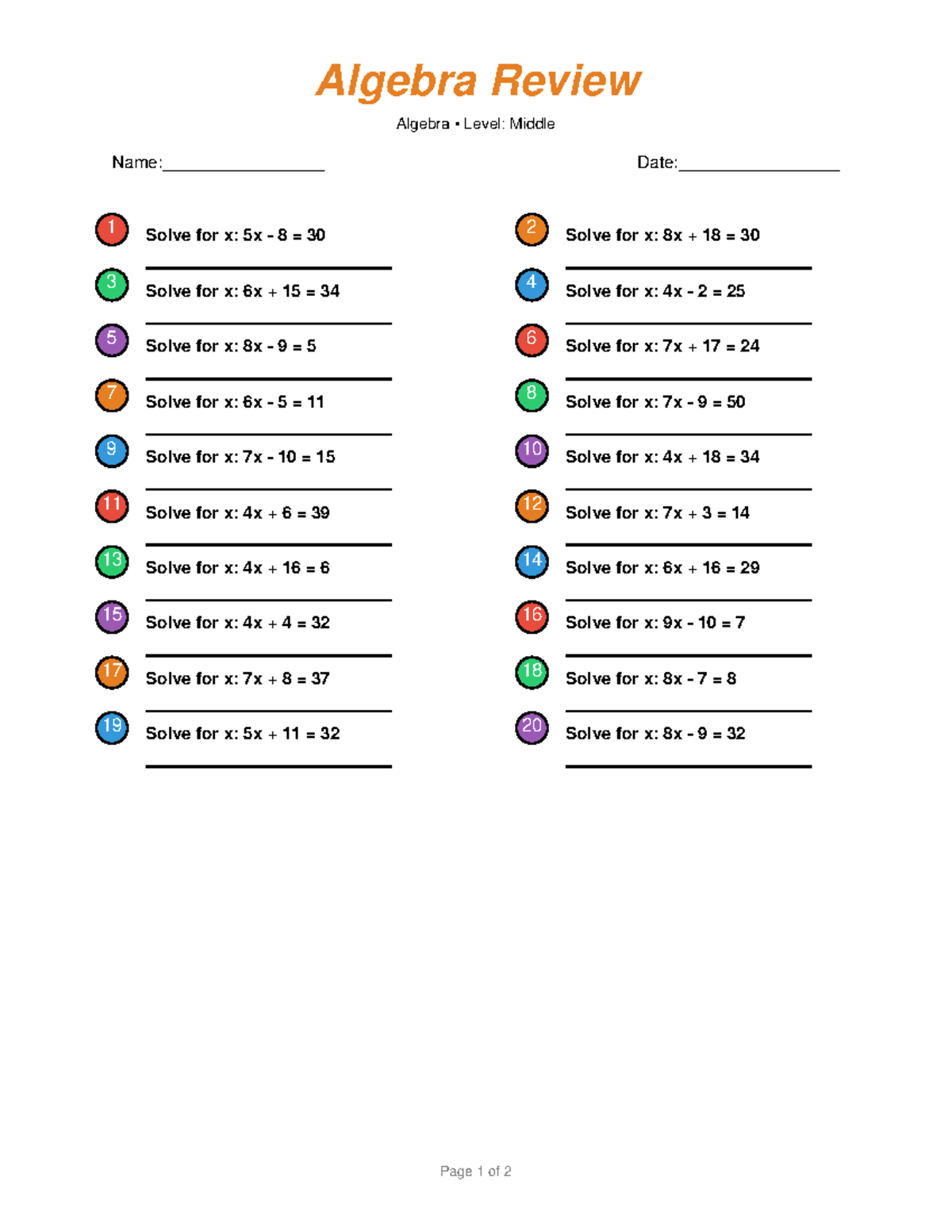 Algebra Review: Middle Level 1 Problem Solving Guide - Studocu