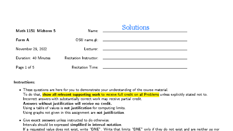 Math 1151 Midterm 5 Solutions - Form A (Autumn 2022) - Studocu