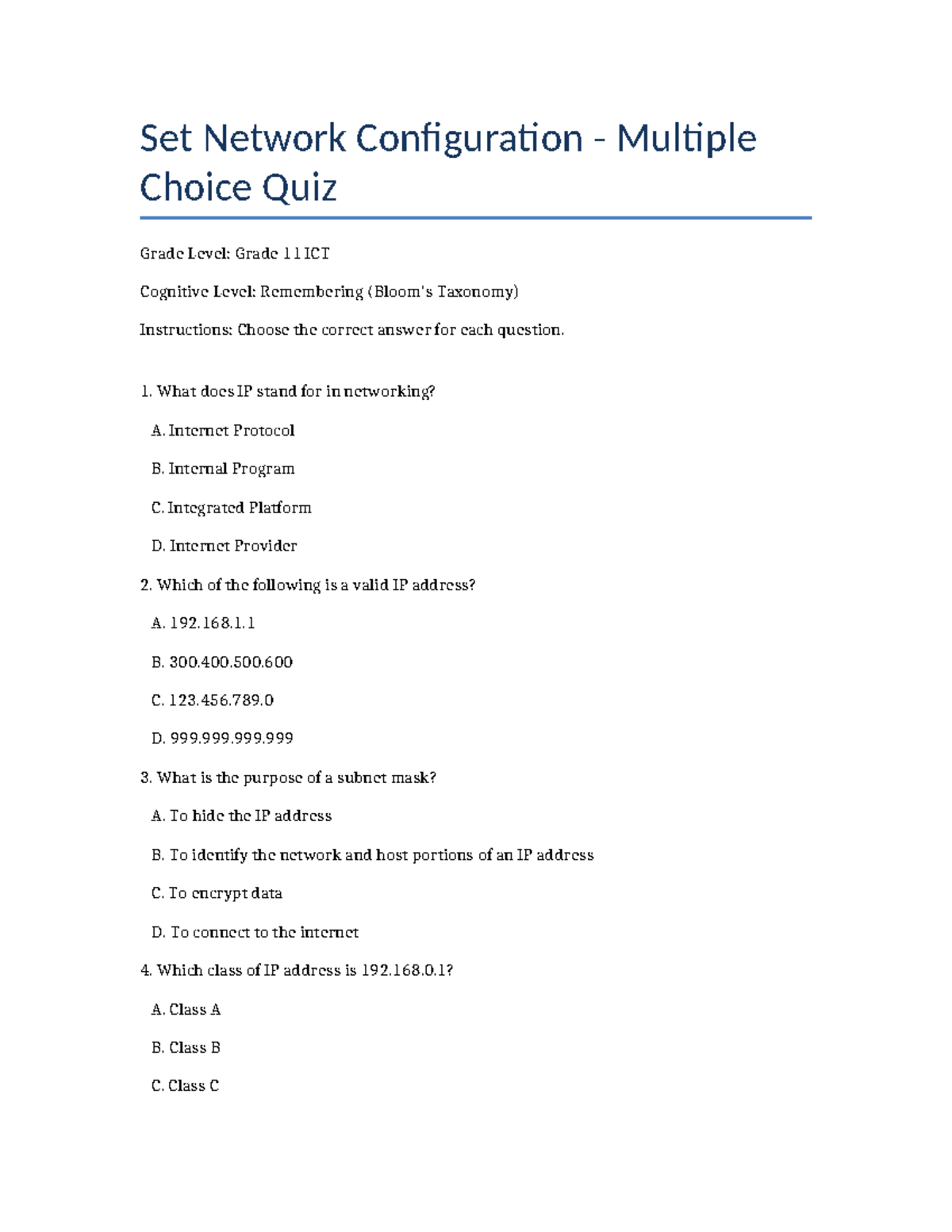 Set Network Configuration ICT Grade 11 Remembering Quiz - Studocu