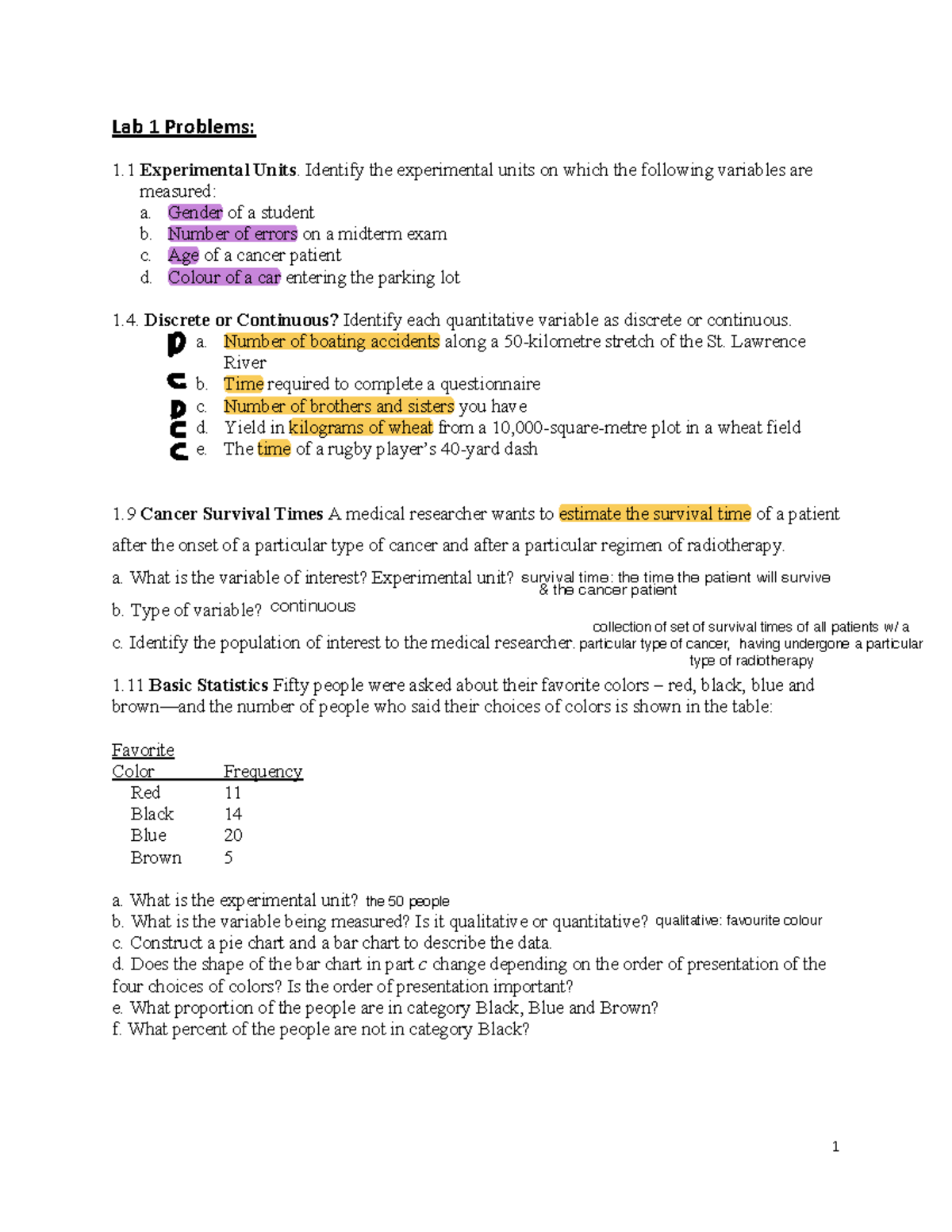 Lab 1 Problems: Experimental Units & Variable Types Analysis - Studocu