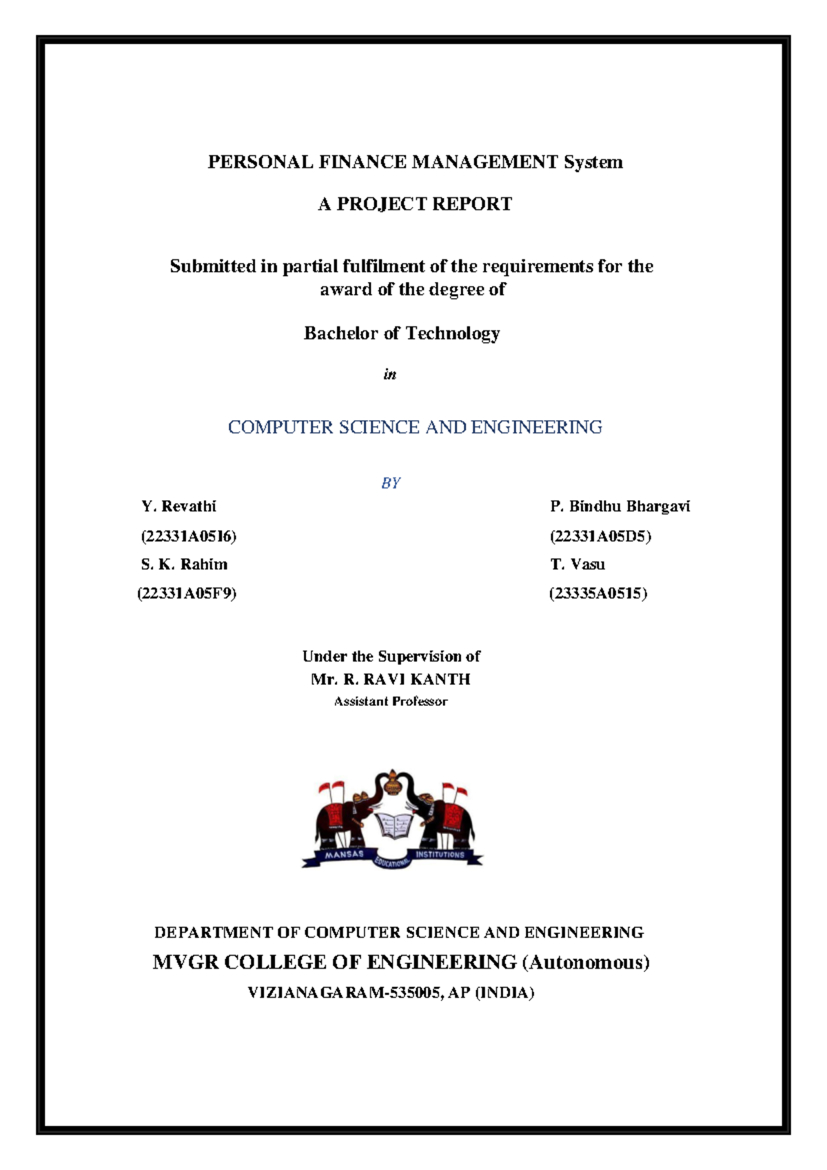 Personal Finance Management System Project Report (B.Tech CSE) - Studocu