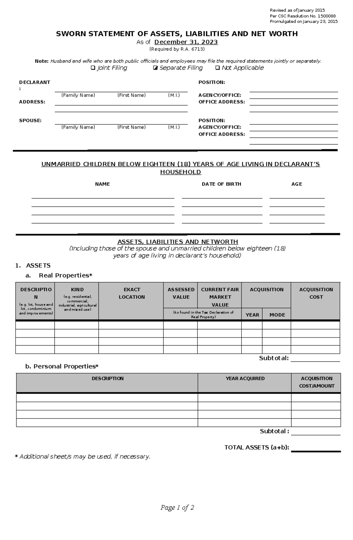 Filing Reference: Statement of Assets, Liabilities & Net Worth Form ...