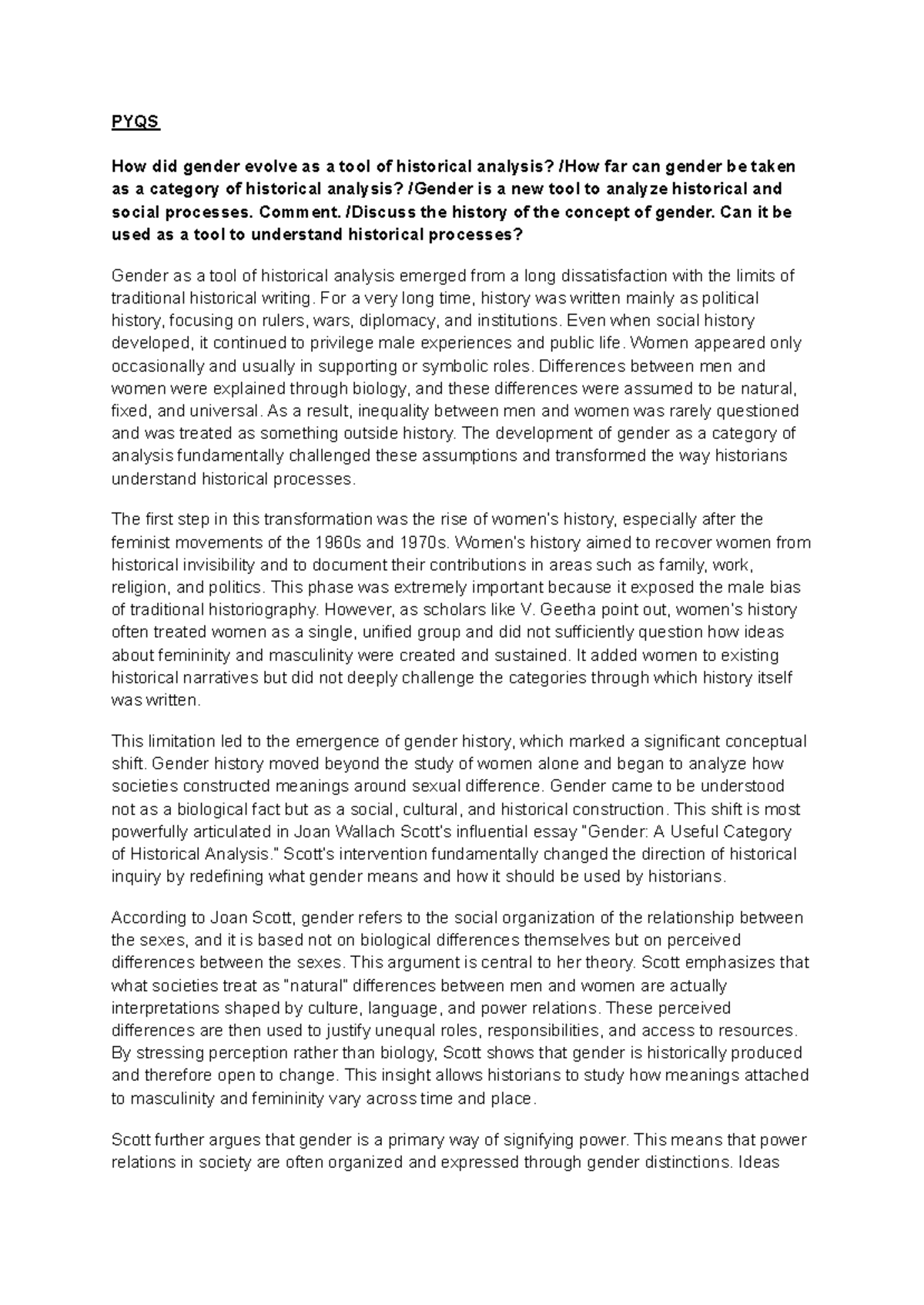 GENDER NOTES WITH PYQS: Analyzing Gender as a Historical Tool - Studocu